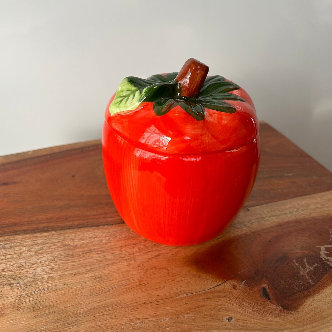VINTAGE Ceramic Red Apple Lidded Canister Retro Kitchen Decor Boho Home ...