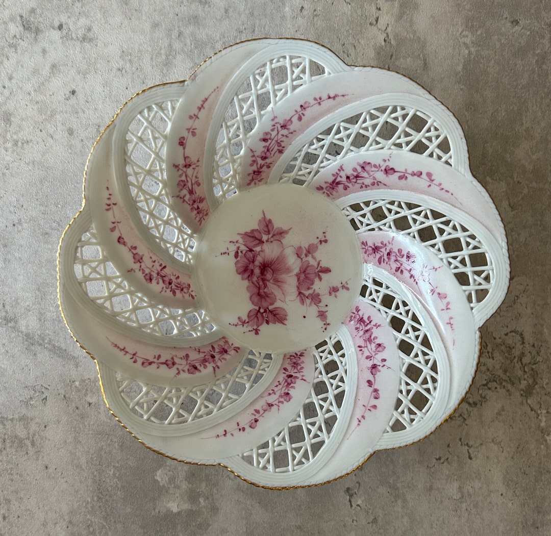 VINTAGE 1970s Sumi Porcelain Basket Weave Bowl Floral Trinket Dish ...