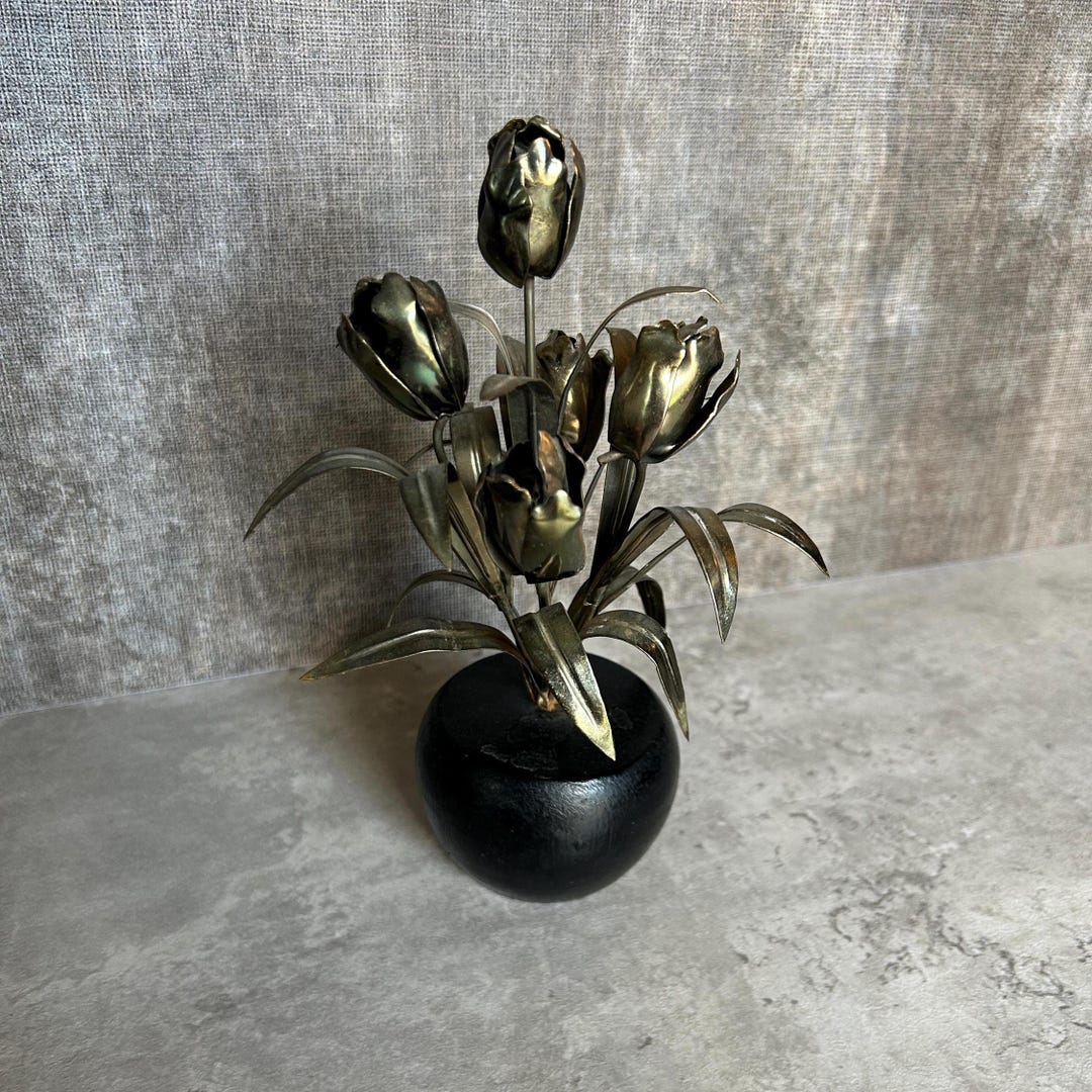 VINTAGE MCM Brutalist Metal Flower Bouquet Sculpture 7.5” Tall Retro ...