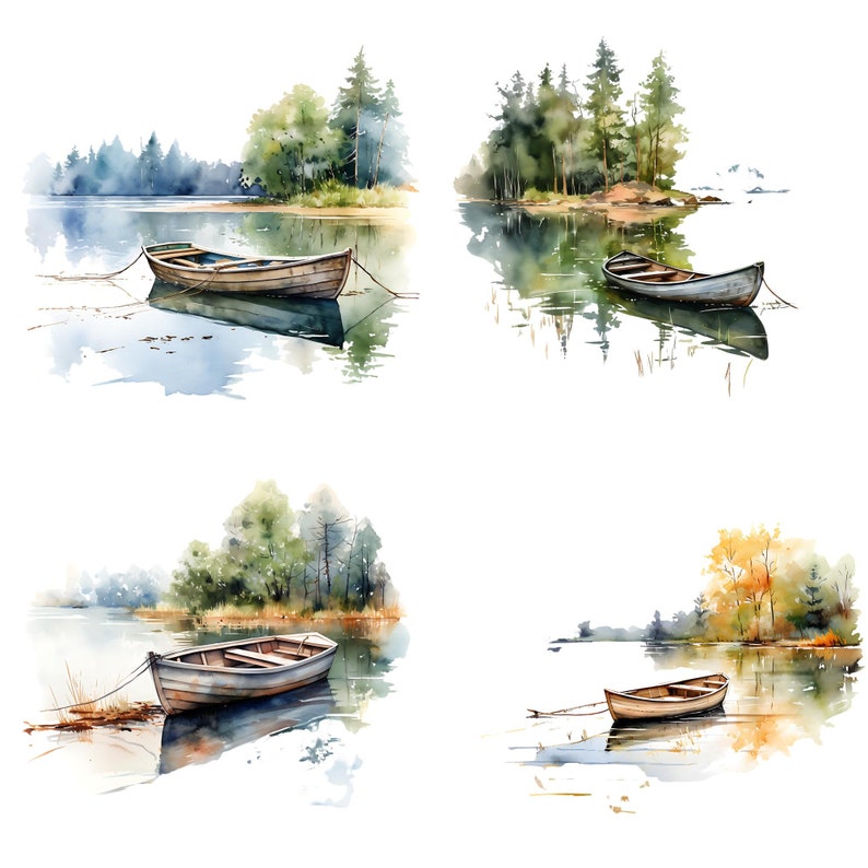 Set of 40 Watercolor Fishing Boat on the Lake Clipart, Watercolor ...