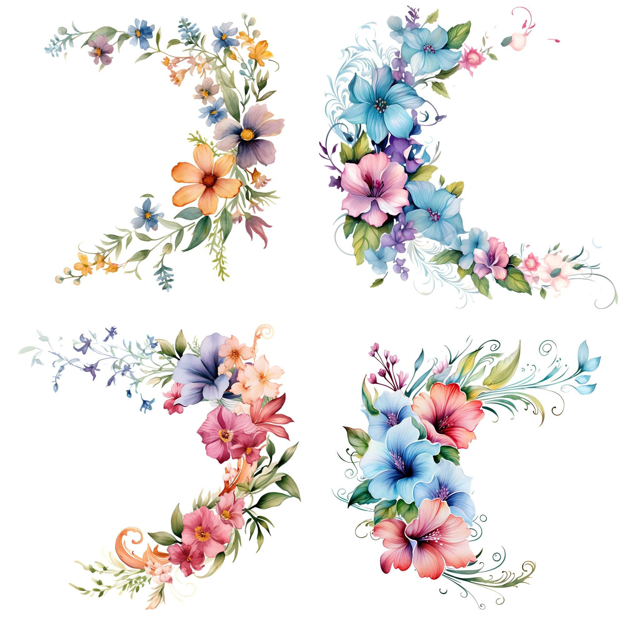 Watercolor Floral Corner Border PNG, 40 Watercolor Flower Design ...