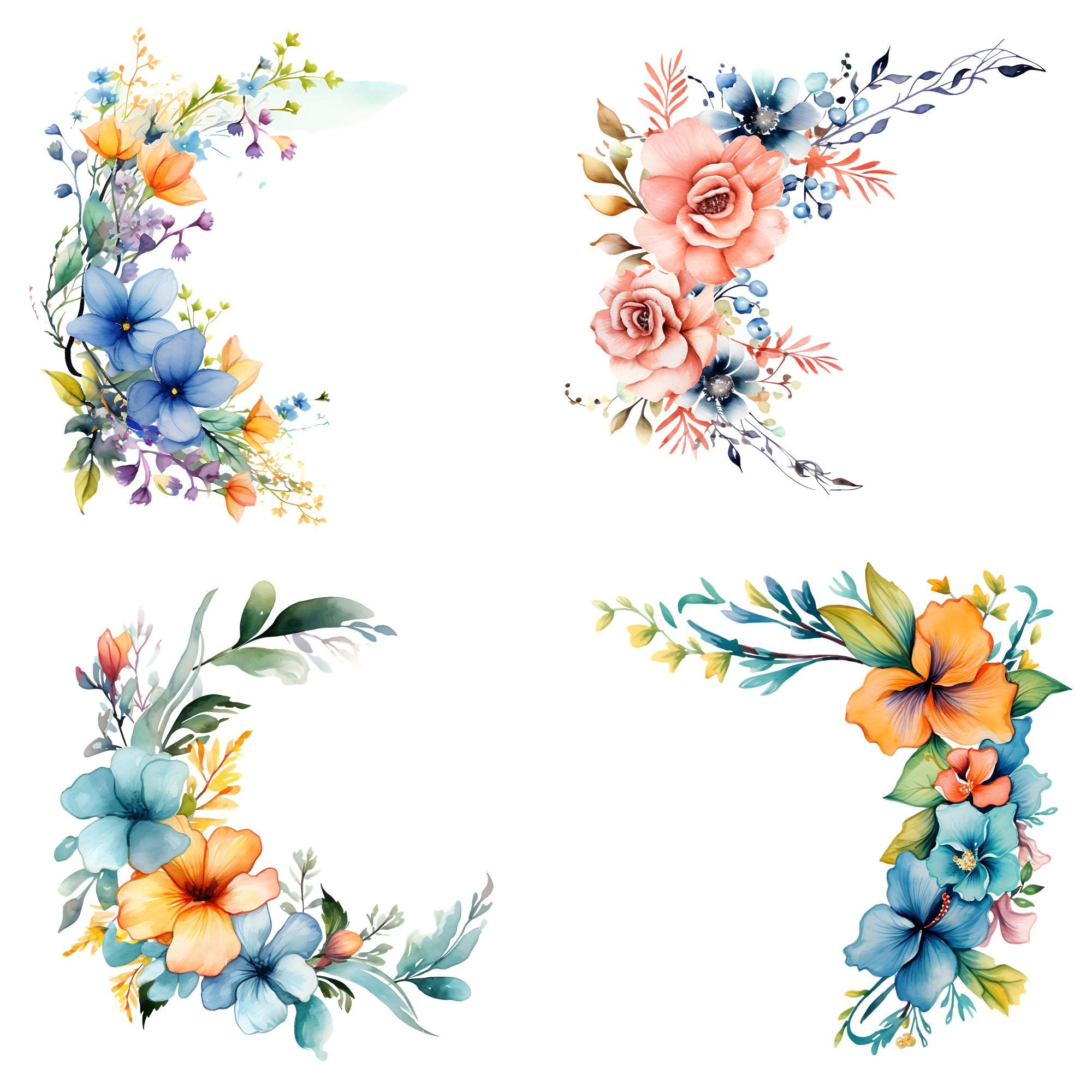 Watercolor Floral Corner Border PNG, 40 Watercolor Flower Design ...