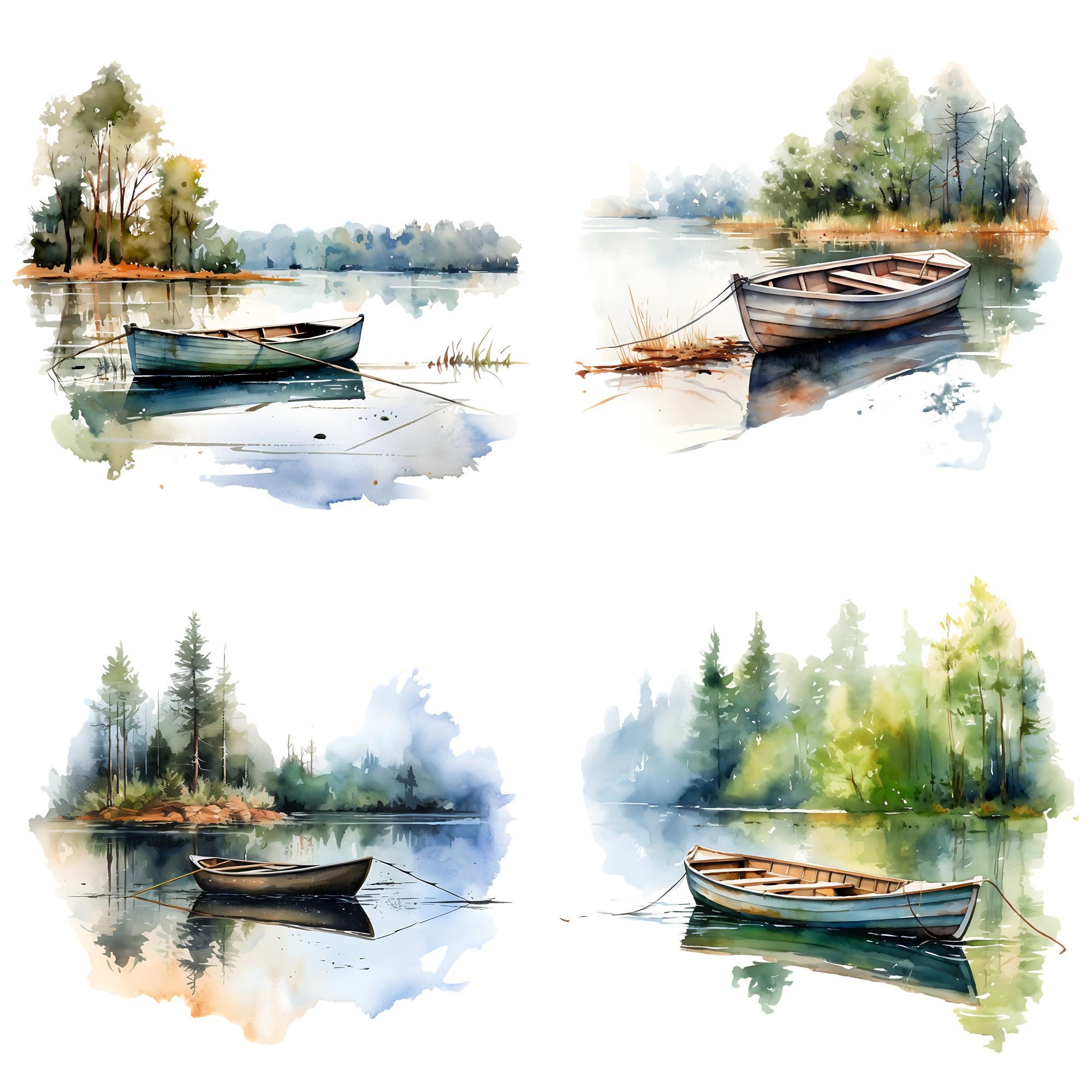 Set of 40 Watercolor Fishing Boat on the Lake Clipart, Watercolor ...