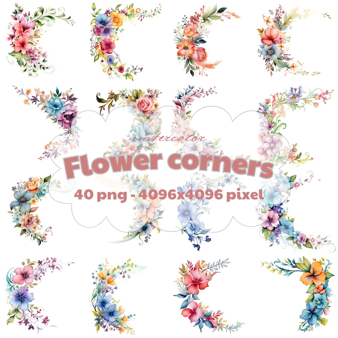 Watercolor Floral Corner Border PNG, 40 Watercolor Flower Design ...