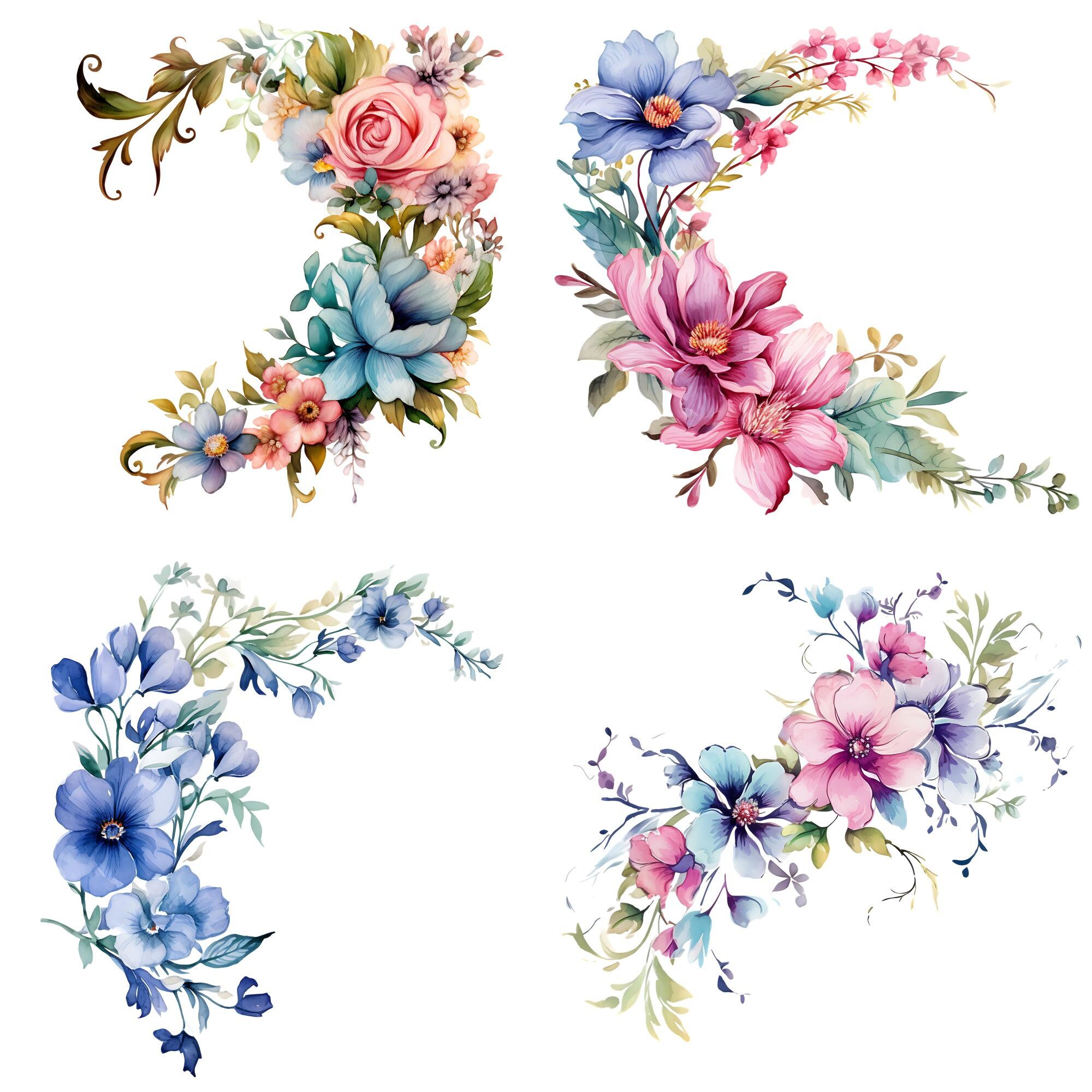 Watercolor Floral Corner Border PNG, 40 Watercolor Flower Design ...