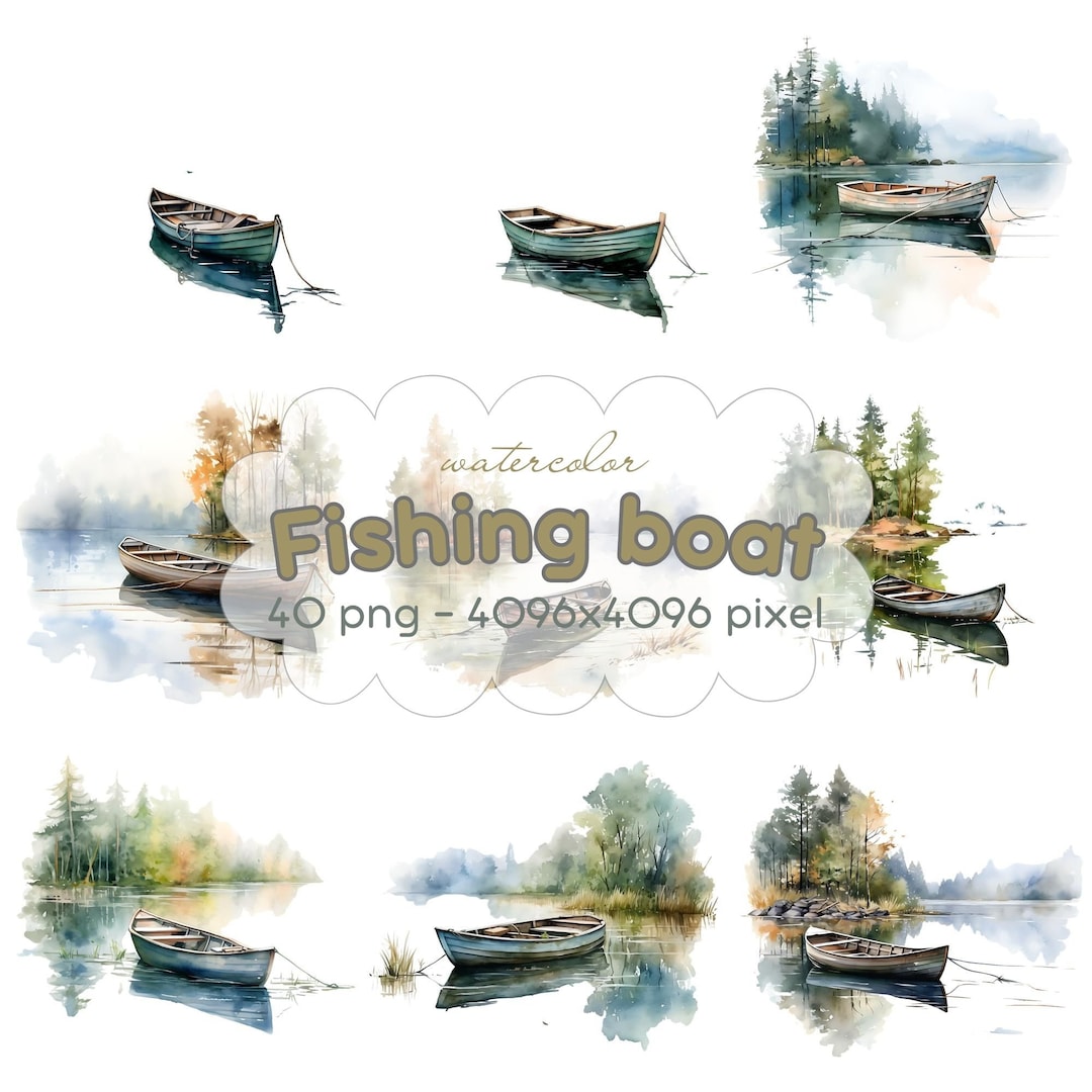 Set of 40 Watercolor Fishing Boat on the Lake Clipart, Watercolor ...