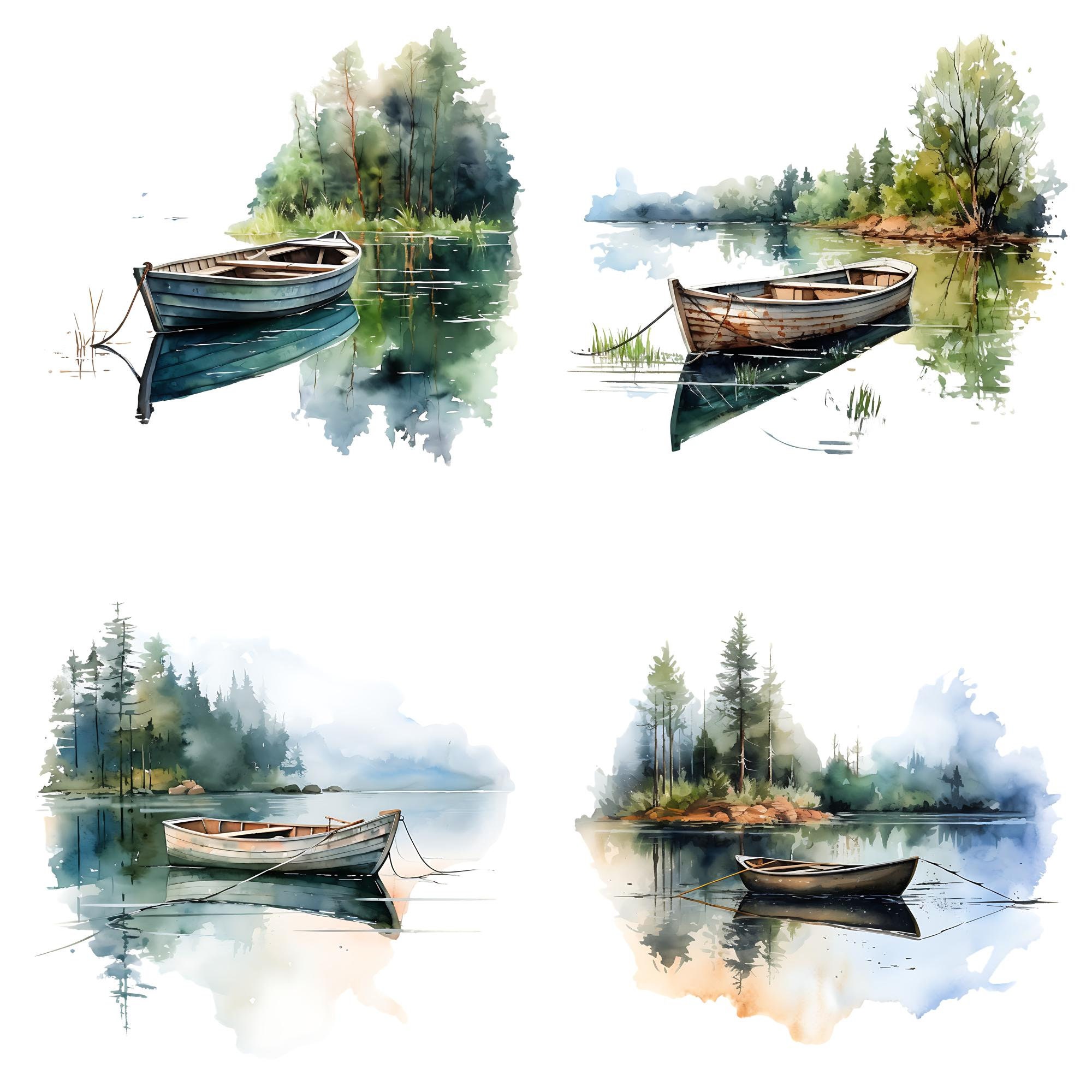 Set of 40 Watercolor Fishing Boat on the Lake Clipart, Watercolor ...