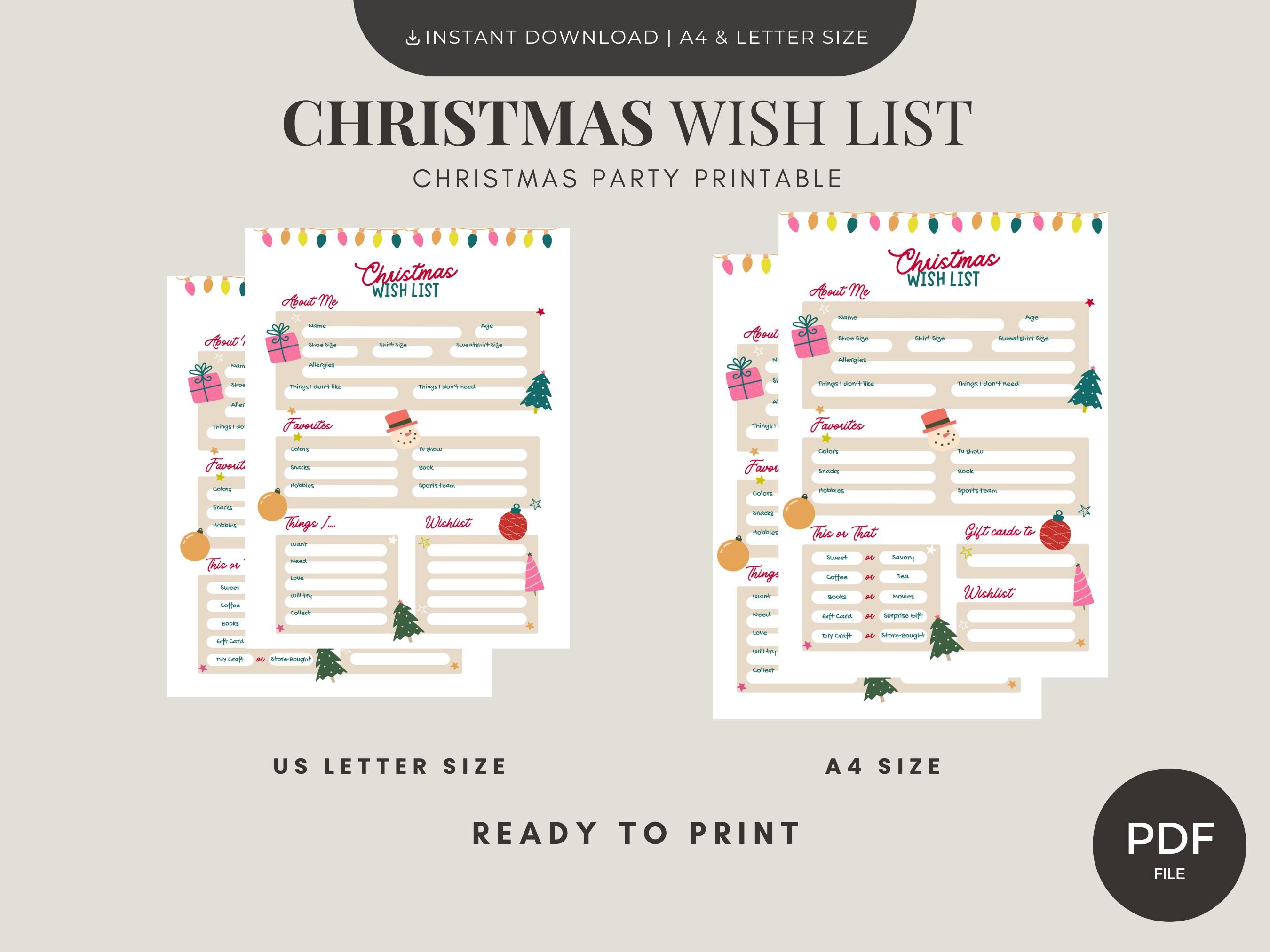 Favorite Things List Printable, Christmas Wish List Gift, Kids & Teens ...