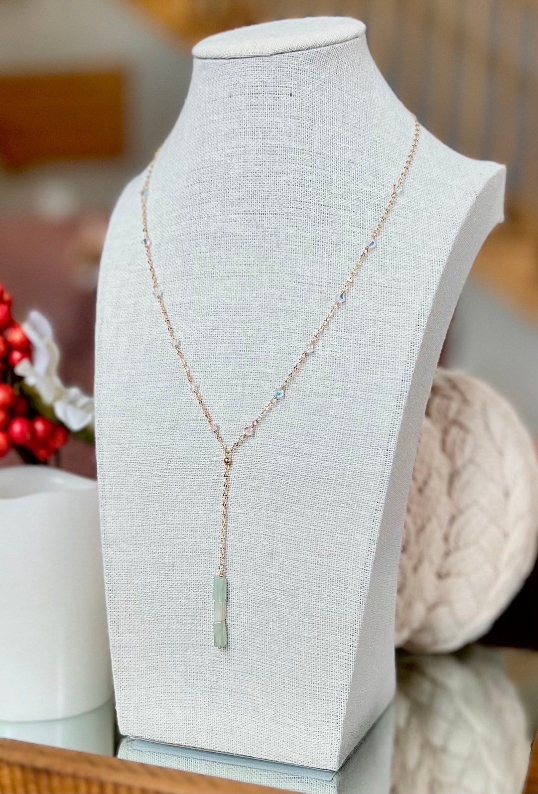 Crystal Drop Necklace, Sage Green Crystal Necklace, Dainty Drop ...