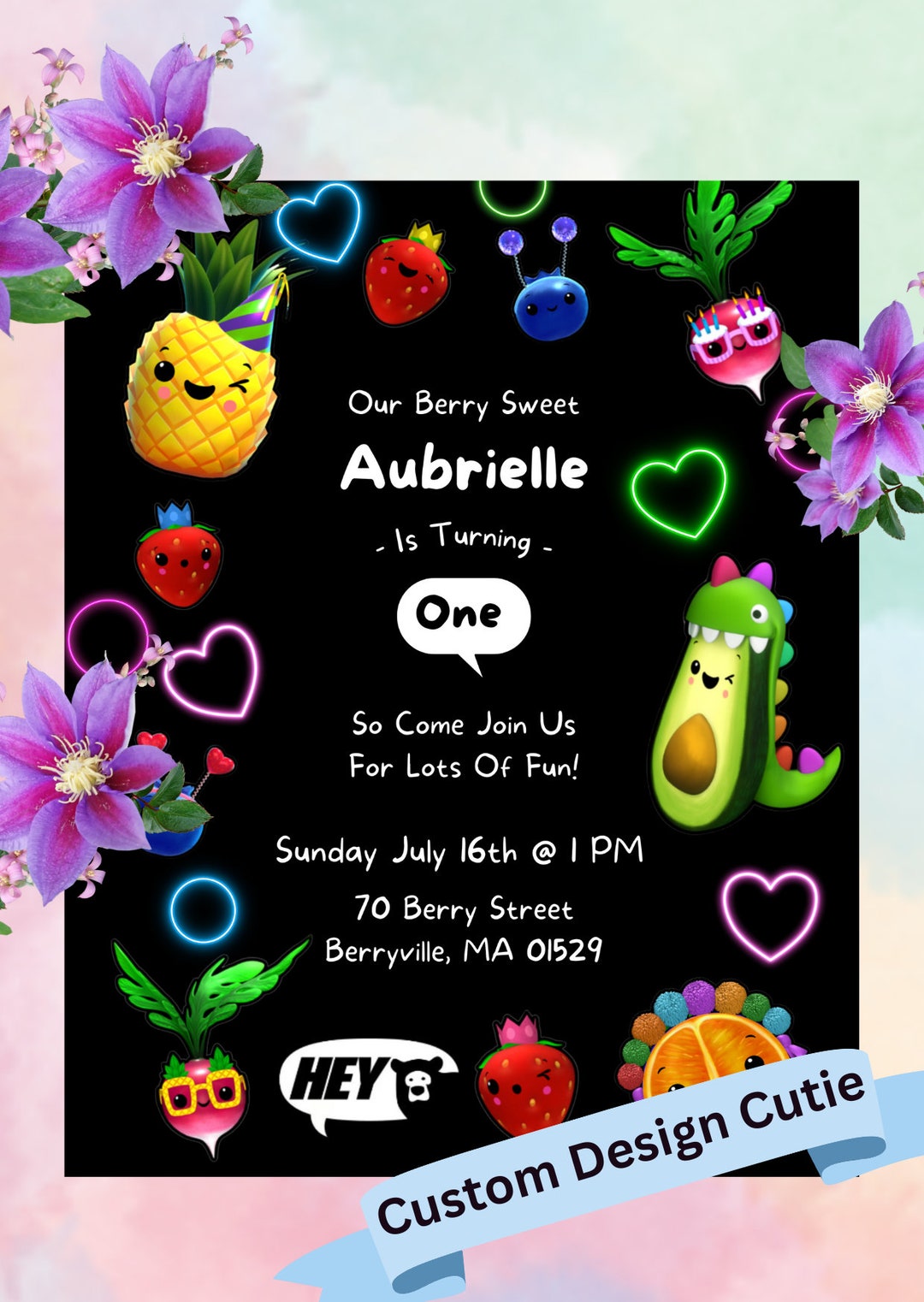 Hey Bear Birthday Invitation Digital Download, Dancing Fruit, Hey Bear ...