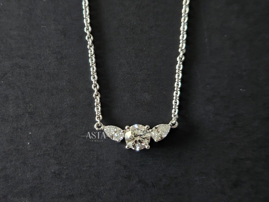 Three Diamond Necklace, 14k Solid Gold Trio Diamond Necklace, Dainty Diamond Necklace, Delicate ...