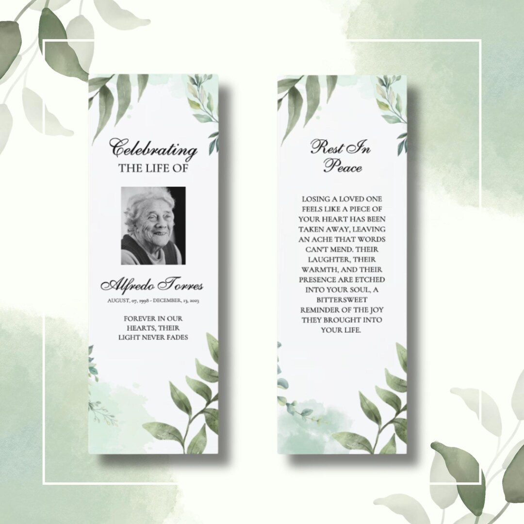 Funeral Bookmark Template Memorial Keepsake Celebration of Life ...