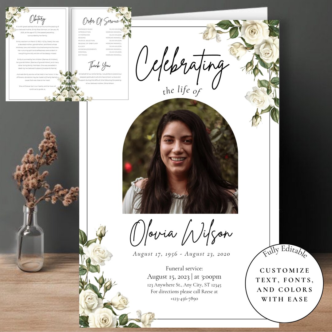 Memorial Program Template Editable Funeral Memorial Order of Service ...