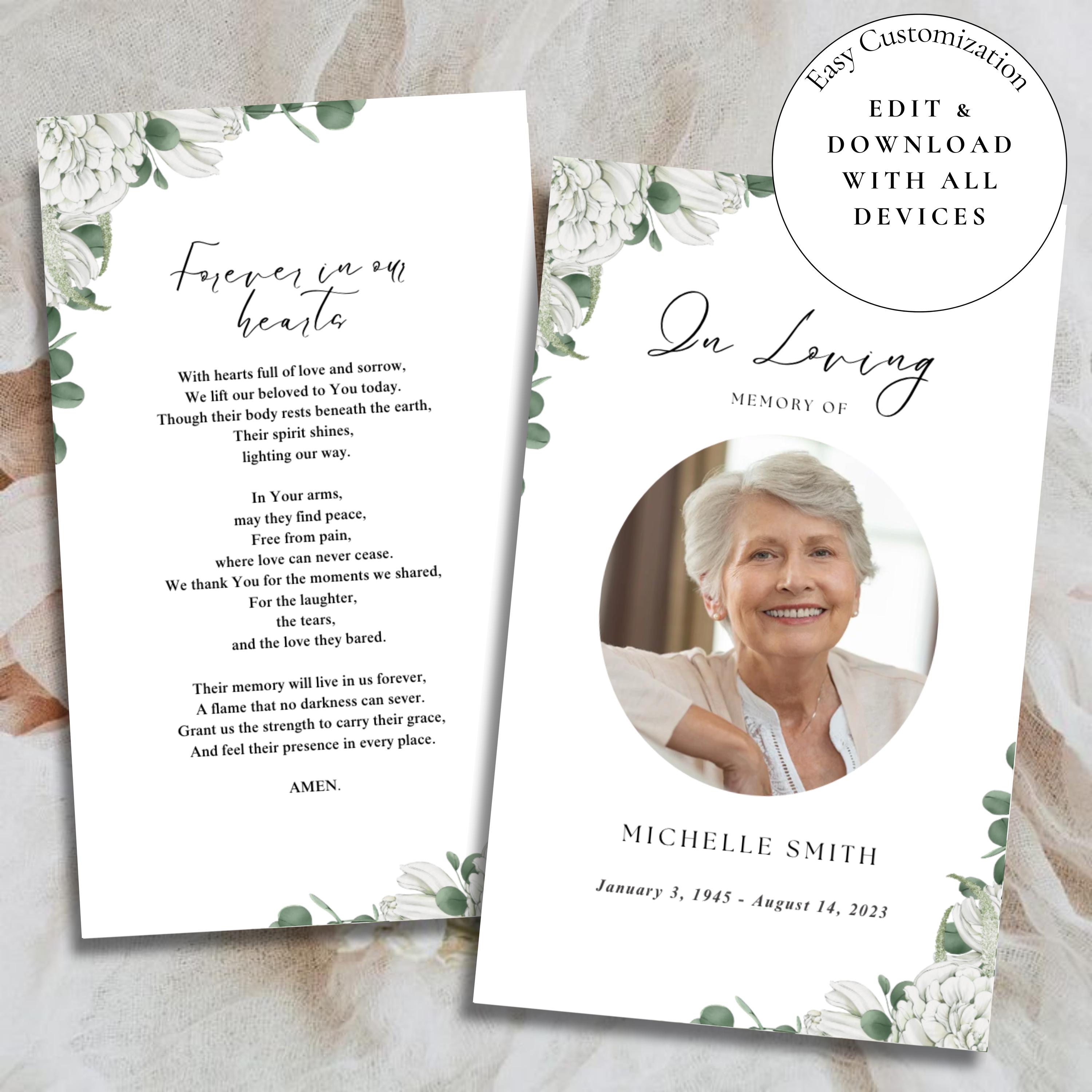 Memorial Prayer Card Funeral Keepsake Prayer Card Template Celebration ...