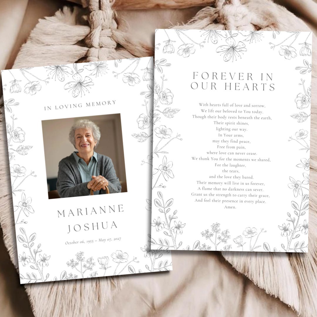 Obituary Template Memorial Prayer Card Funeral Keepsake Poem Heart ...