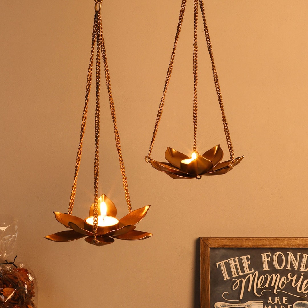Metal Hanging Tealight Holder, 2 Triple Chain Lotus Tealight Holder ...