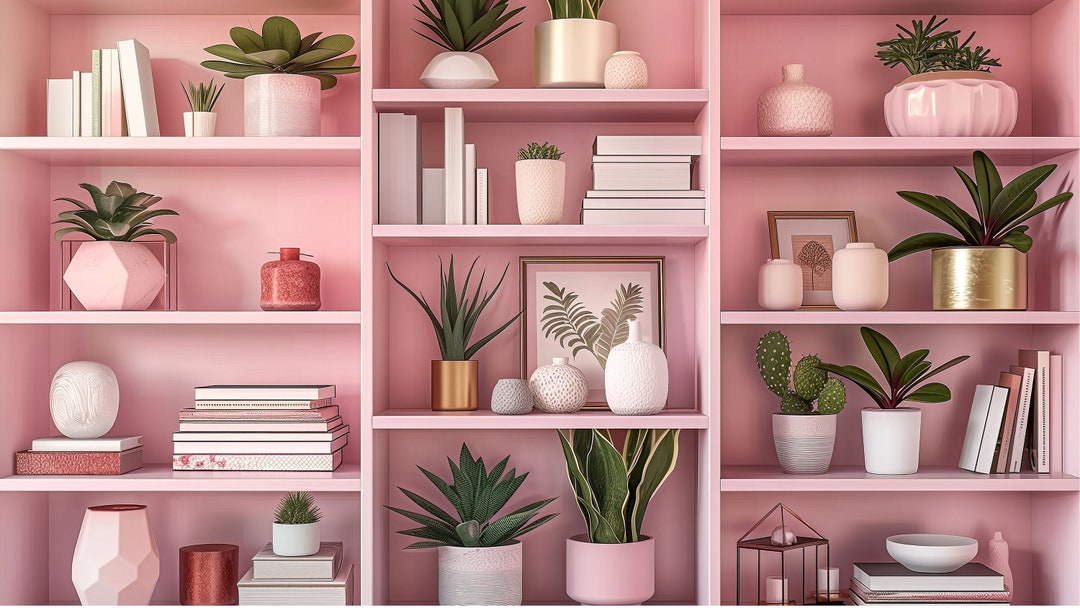 Pink Boho Bookshelf Zoom Background: Home Office Decor (digital ...
