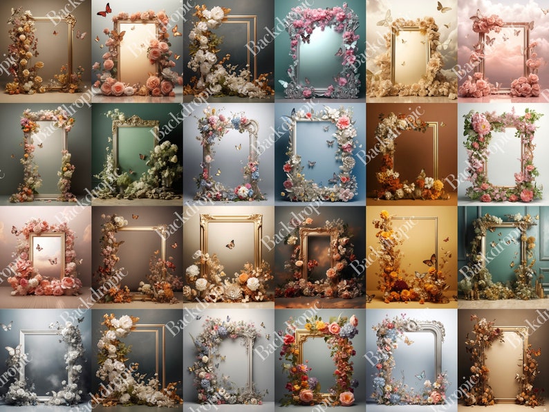 Flower Frame Gold & Silver Flower Backdrop Overlay Maternity Digital ...
