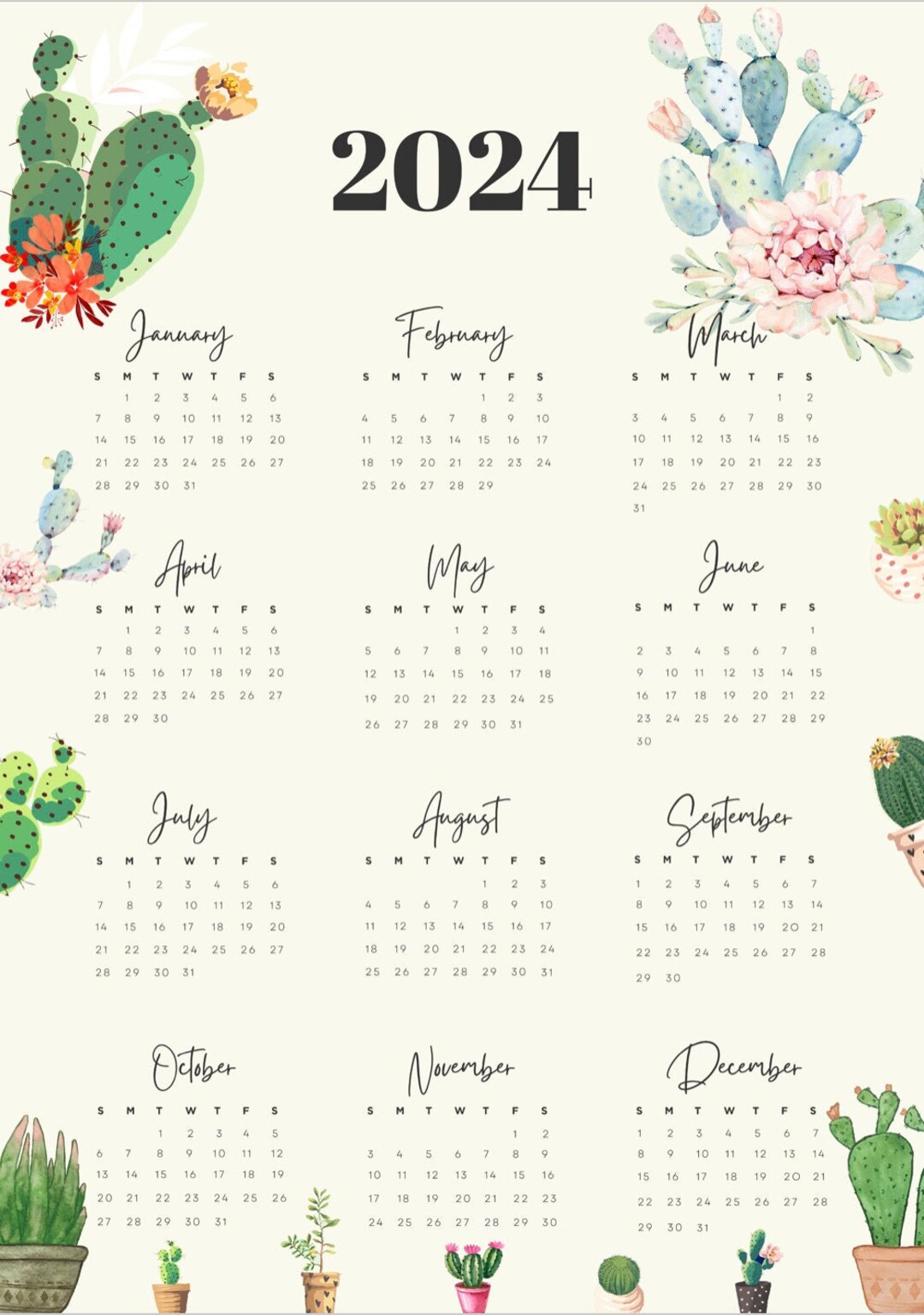 New English Calendar for the Year 2024 Cacti - Etsy