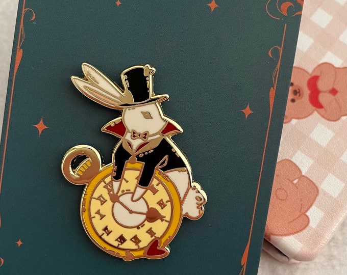 White Rabbit Enamel Pin - Alice in Wonderland Rabbit Clock Pin - Etsy