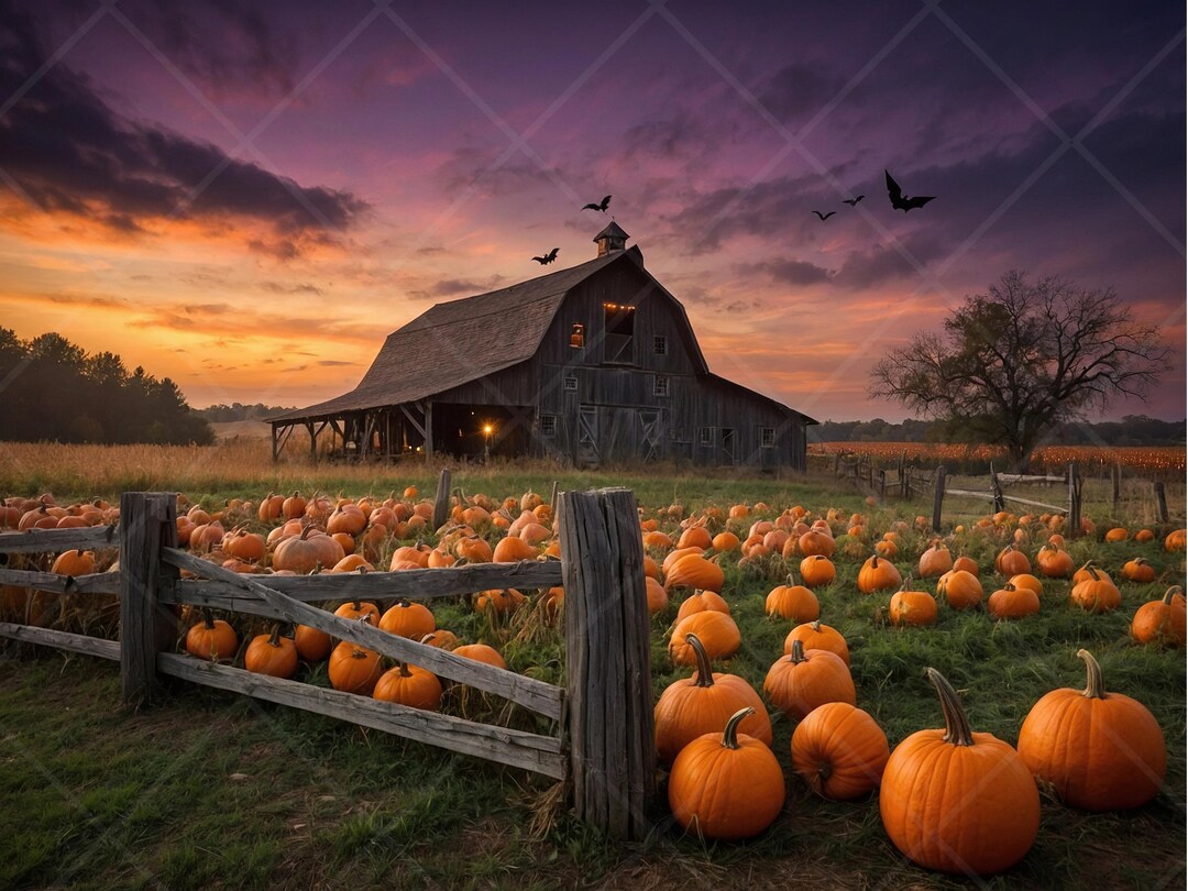 Halloween Pumpkin Patch Backdrop: Spooky Farmhouse Scene (digital ...