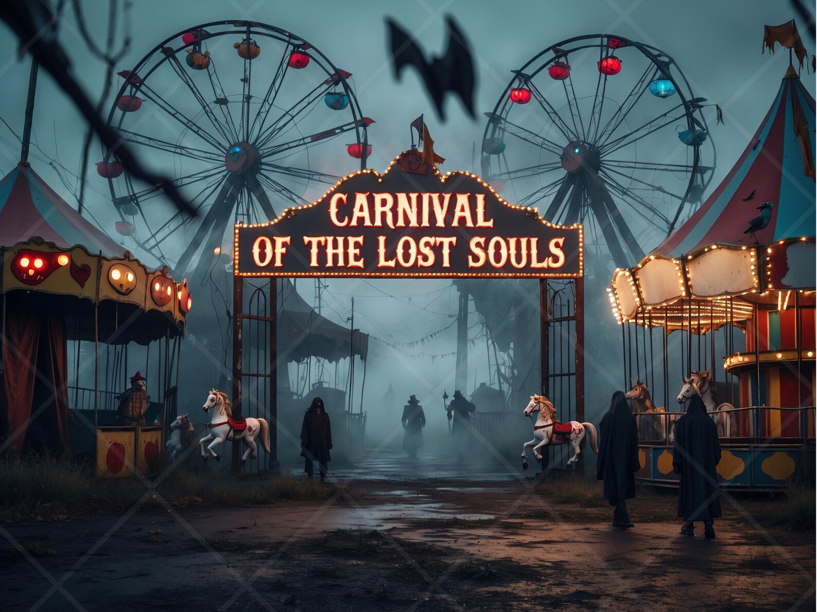 Spooky Halloween Backdrop: Haunted Carnival Night Scene (digital ...