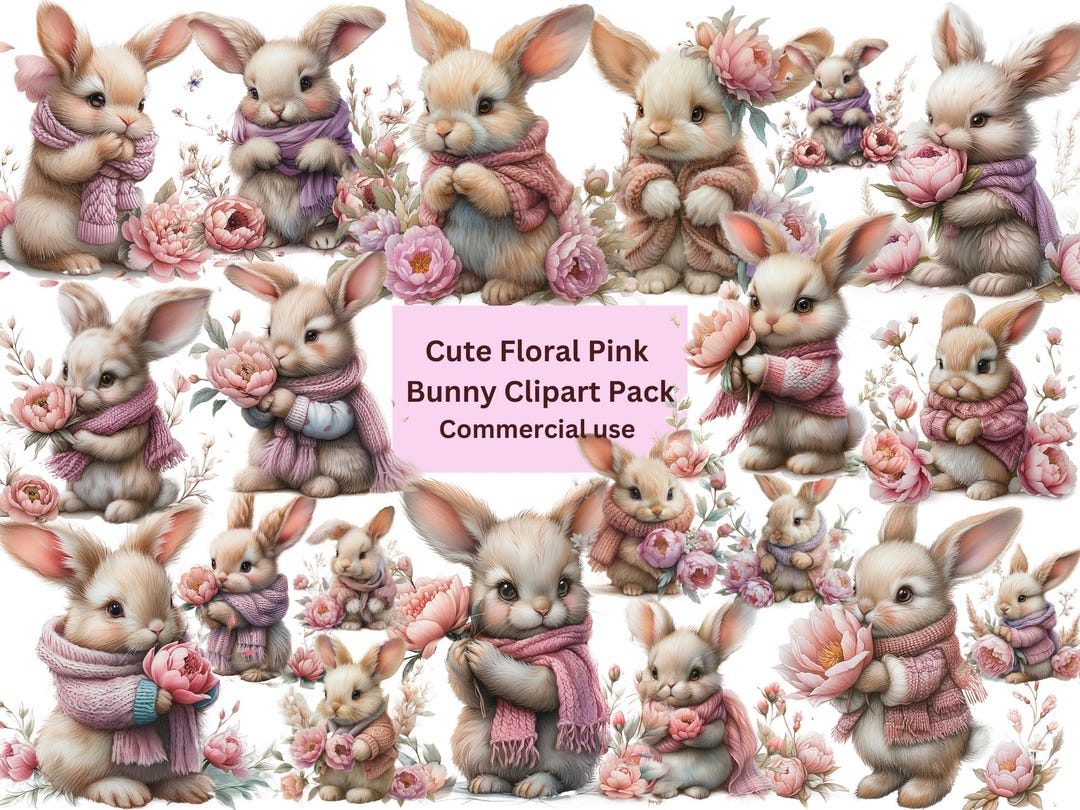 Pink Bunny Floral Clipart, Baby Rabbit Clipart, Cute Watercolor Bunny ...