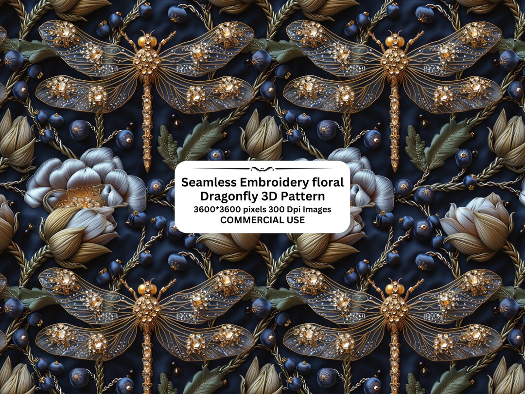 Embroidery Floral Dragonfly Seamless Repeating Pattern, 3D Faux ...