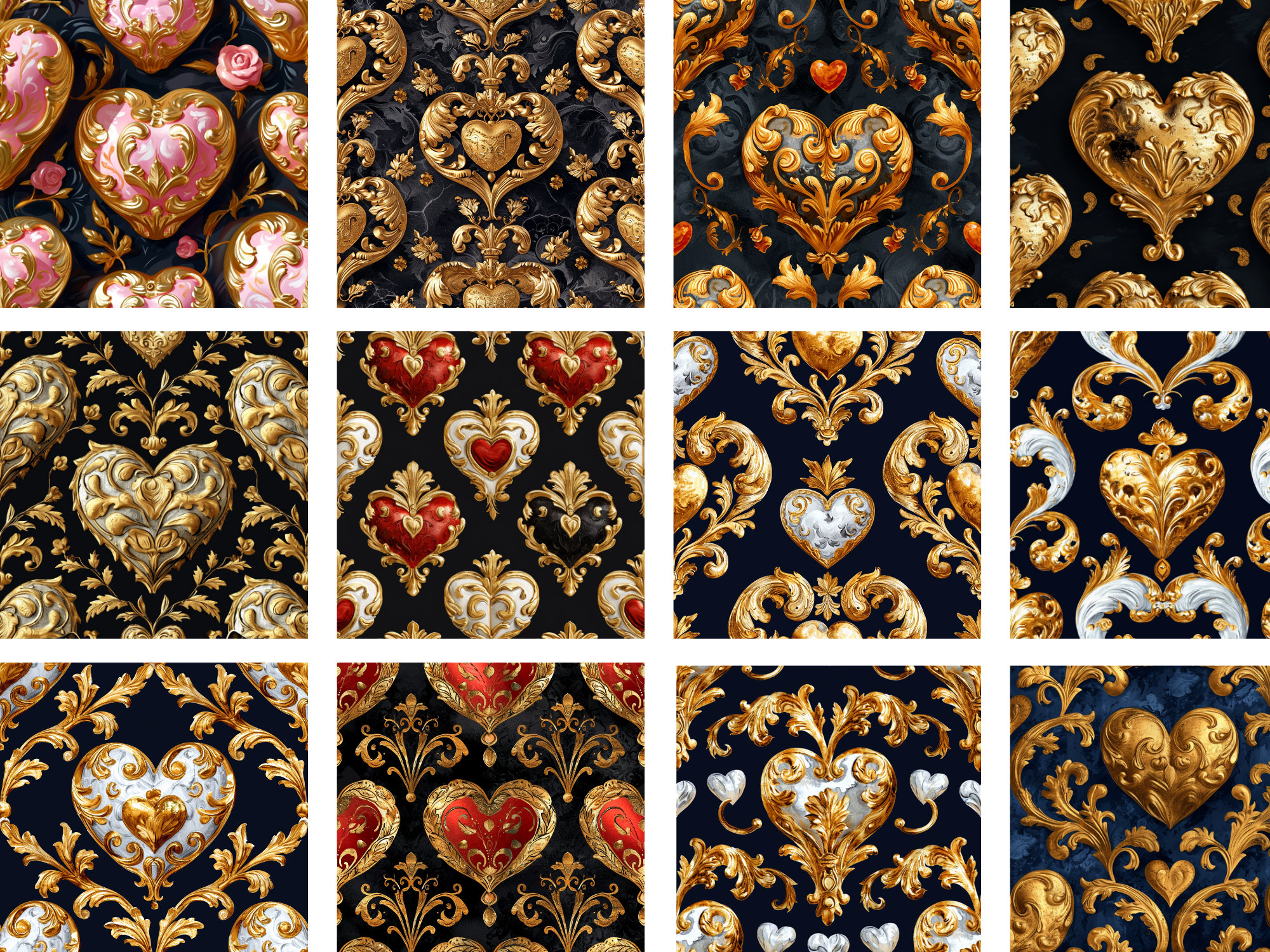 Rococo Red Heart Pattern Wallpaper Digital Paper Seamless JPEG ...