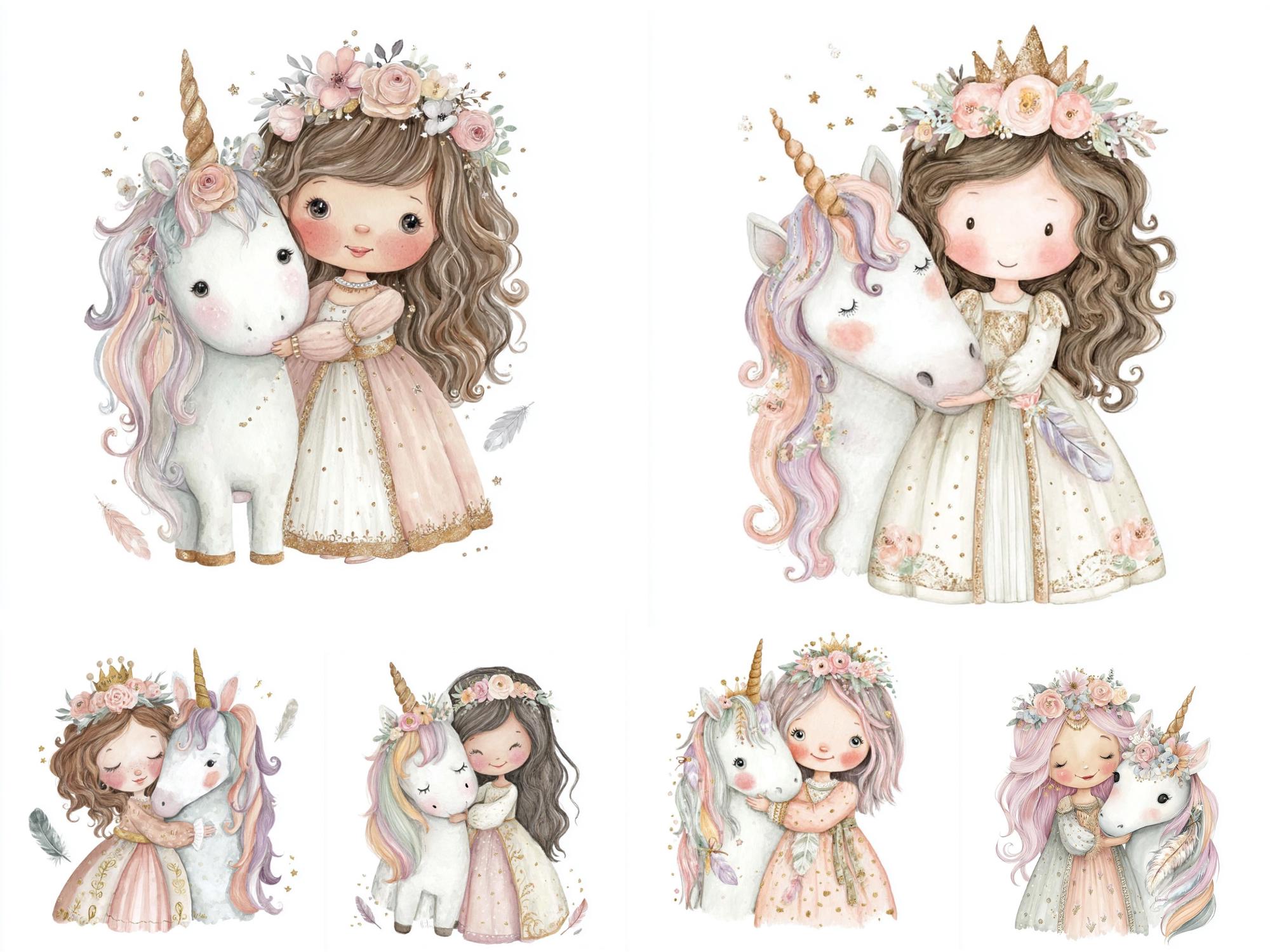 Watercolor Unicorn Girl Clipart, Cute Girl With Unicorn Illustration ...