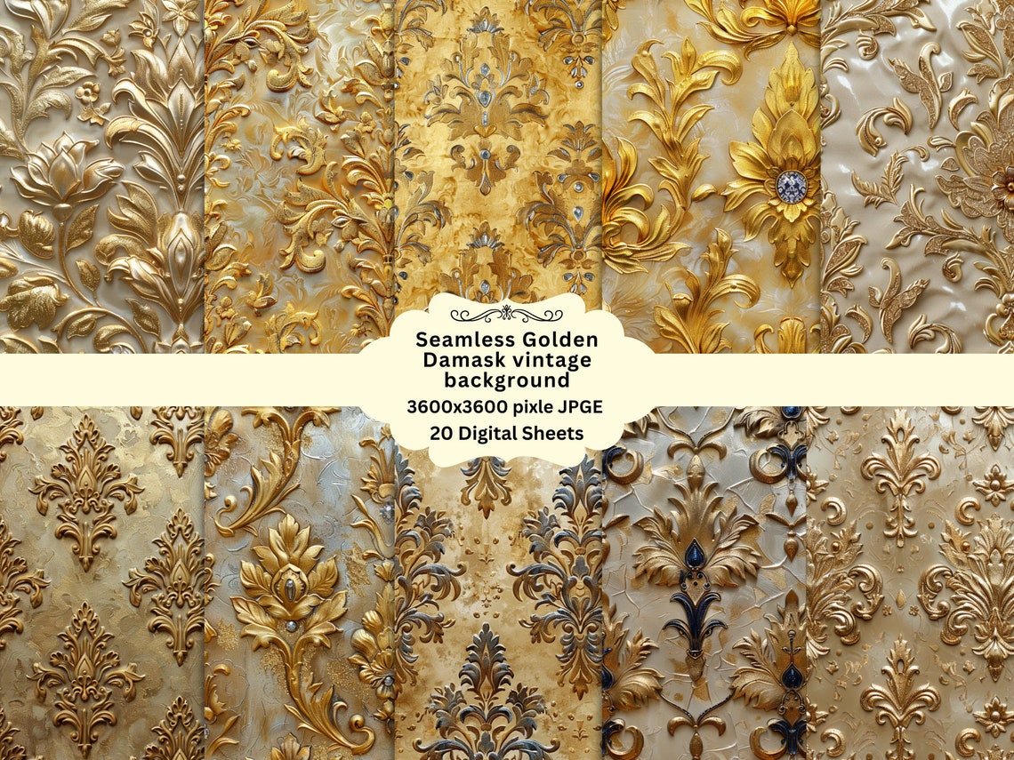 Gold Distressed Damask Digital Paper, Gold Digital Paper Pack, Gold ...