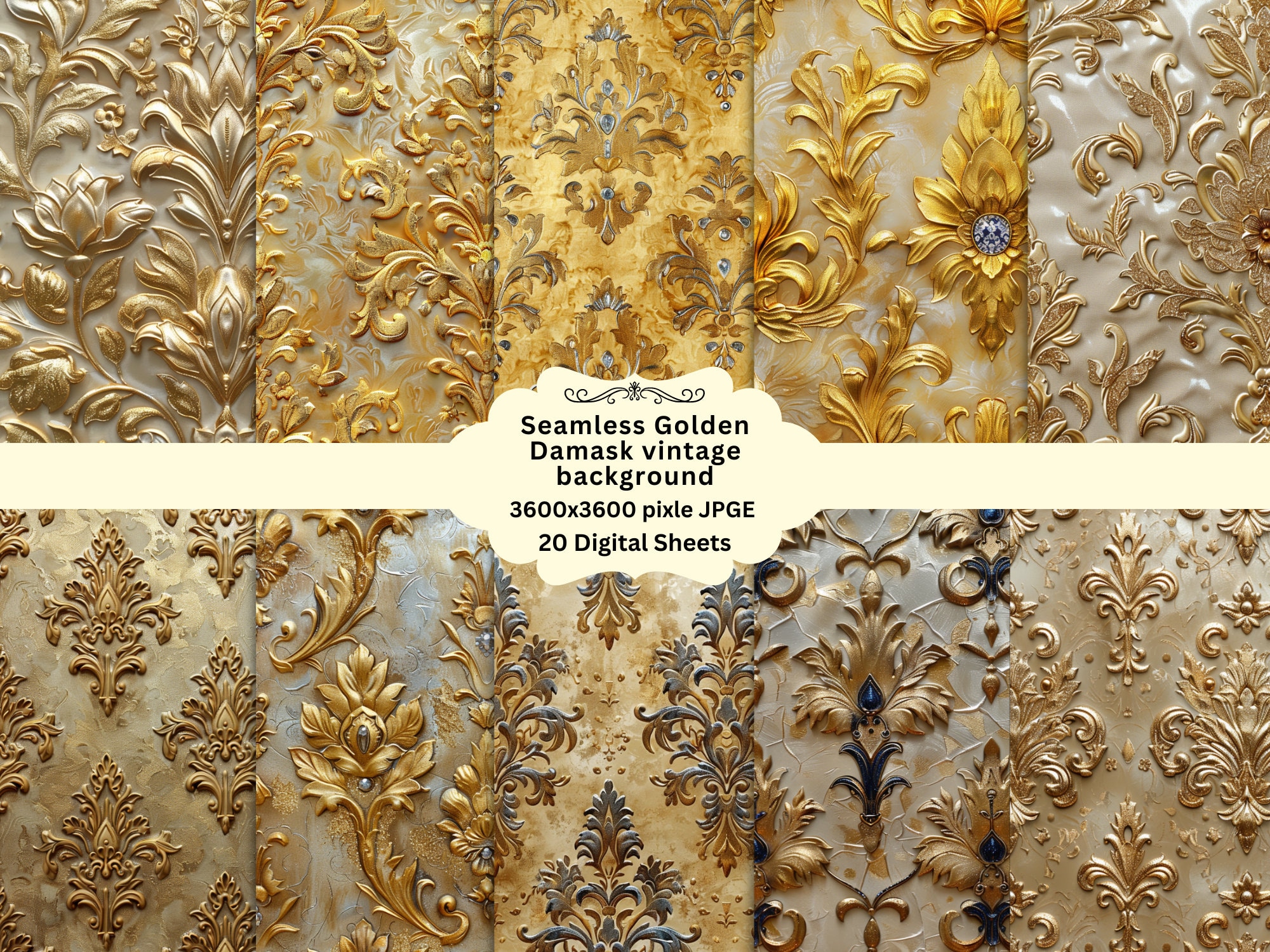 Gold Distressed Damask Digital Paper, Gold Digital Paper Pack, Gold ...