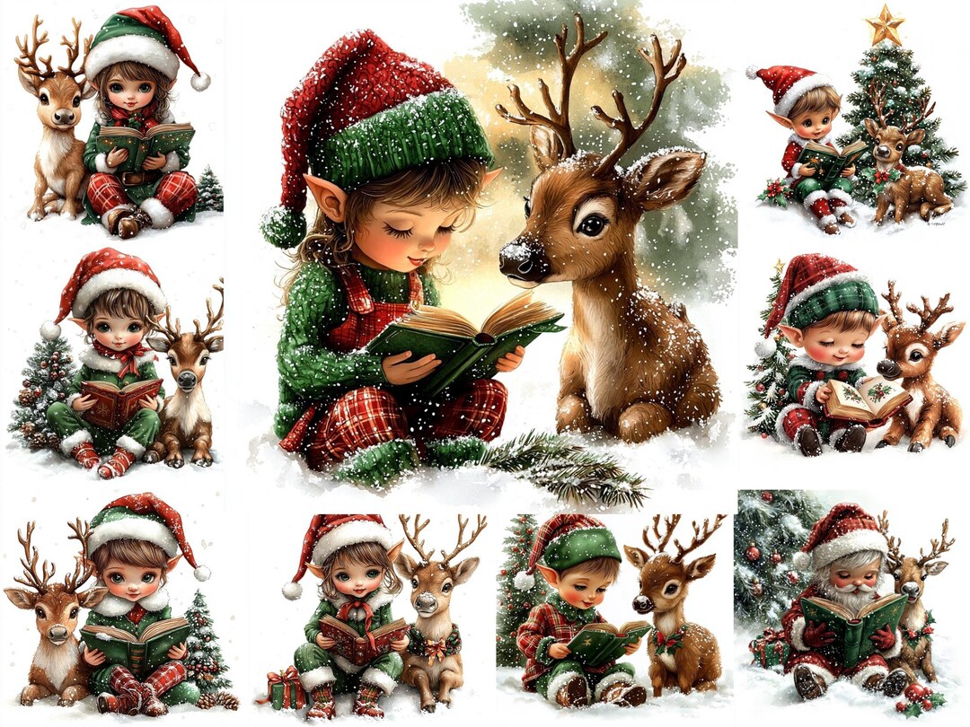 Christmas Elf Boy Reading Scandinavian Christmas Elf & Reindeer Clipart ...