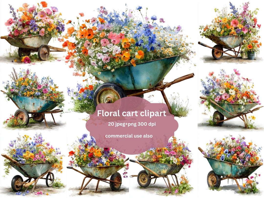 Watercolour Flower Cart Clipart Bundle Floral Carts Spring Clipart ...