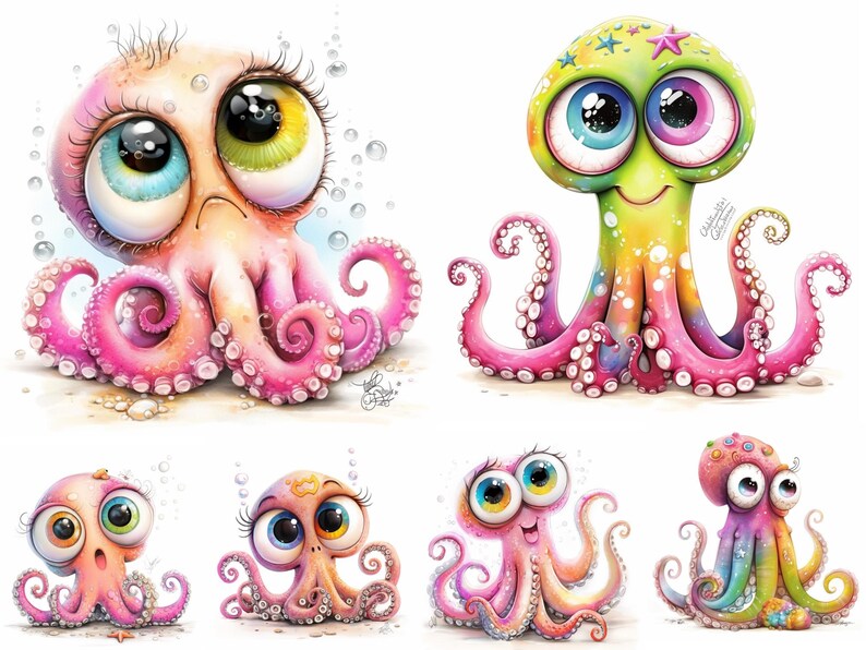 Watercolor Whimsical Quirky Octopus Clipart JPEG Bundle Watercolor ...