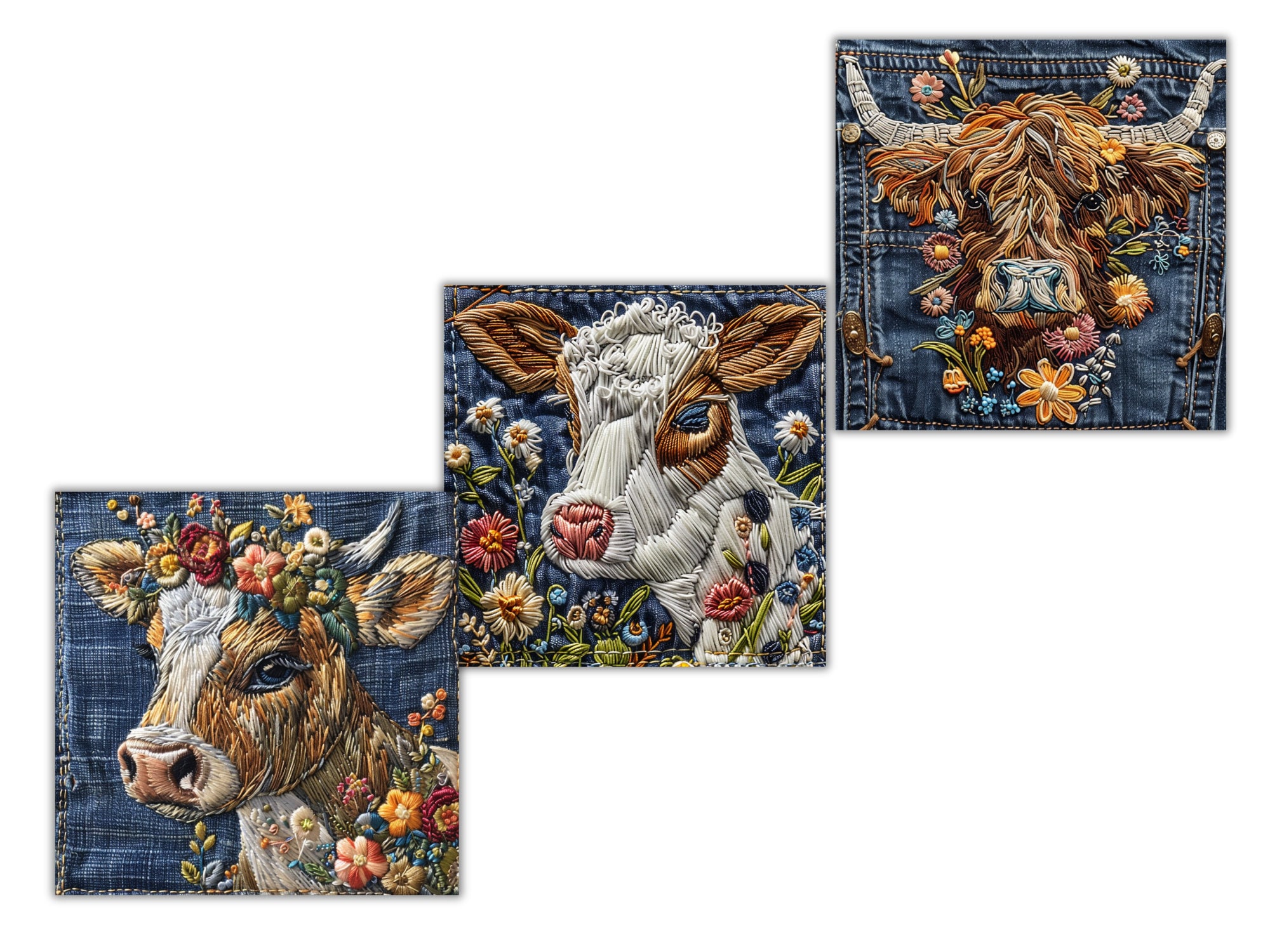 Cute Cow Embroidered Denim Fabric Patterns, Cute Western Highland Cow ...