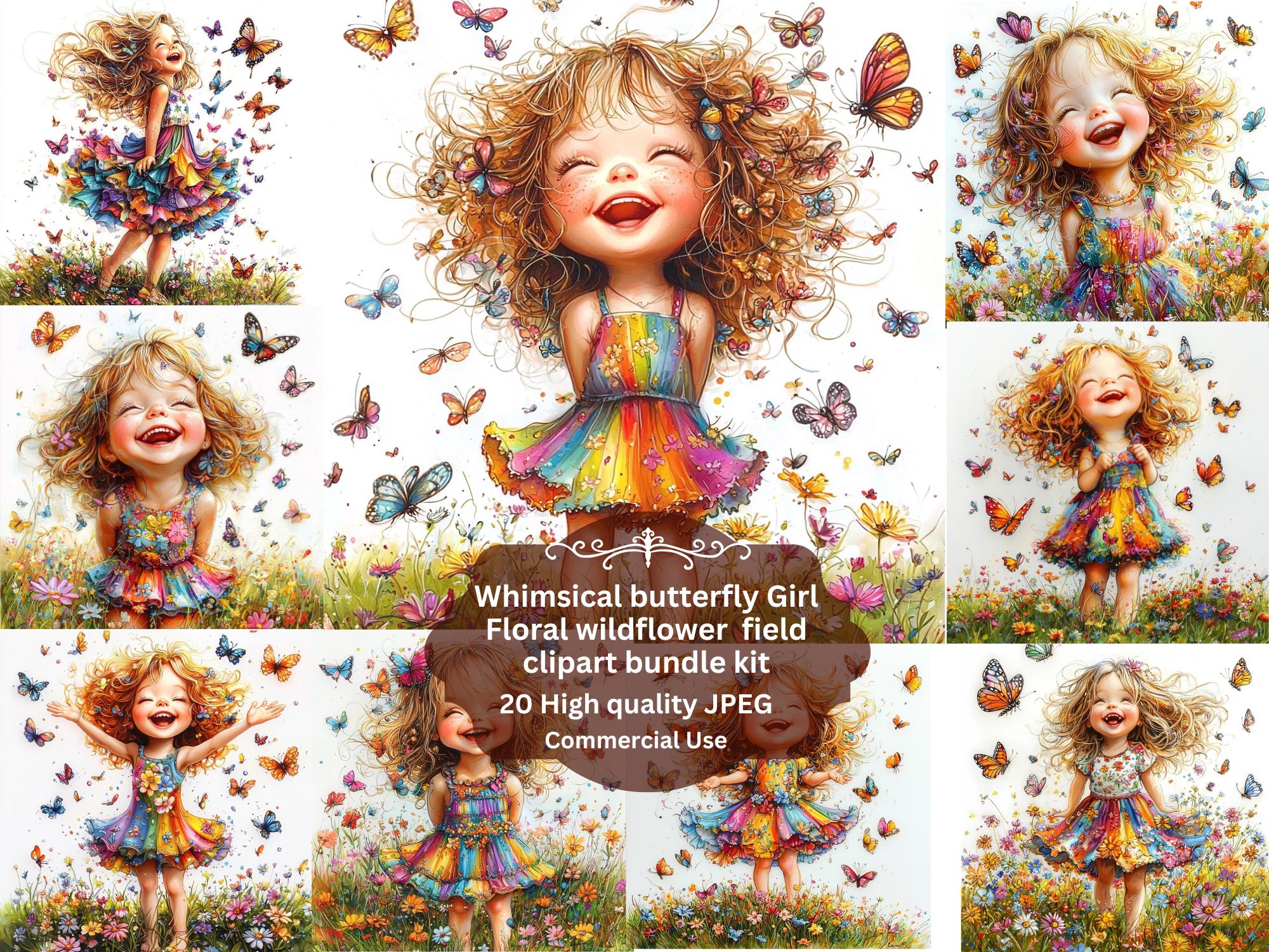Whimsical Cute Quirky Little Girl With Butterfly Clipart, Quirky Girl ...