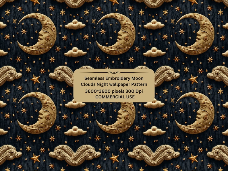 3D Gold Mystical Crescent Moon Embroidery Seamless File, Stars ...