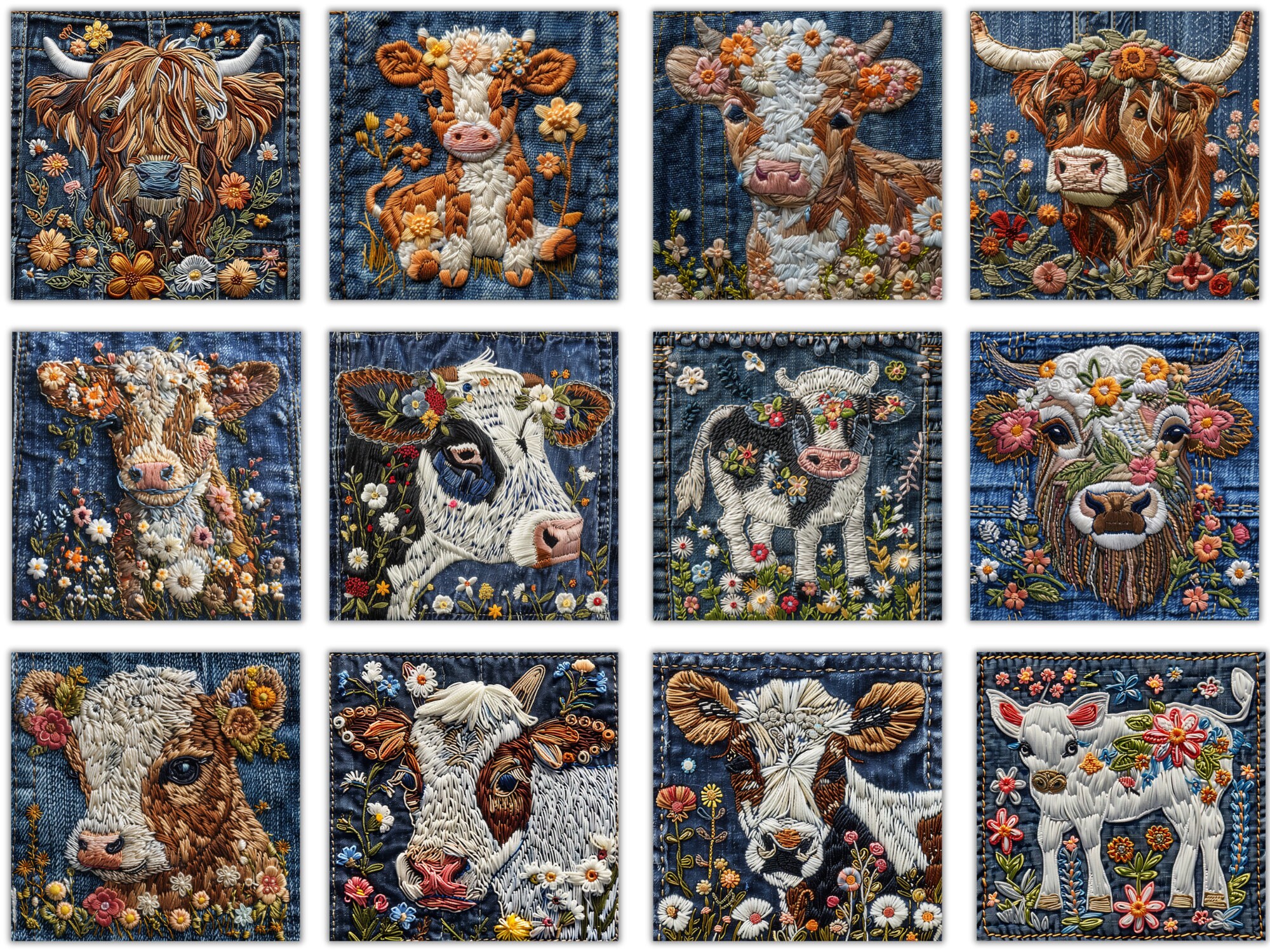 Cute Cow Embroidered Denim Fabric Patterns, Cute Western Highland Cow ...