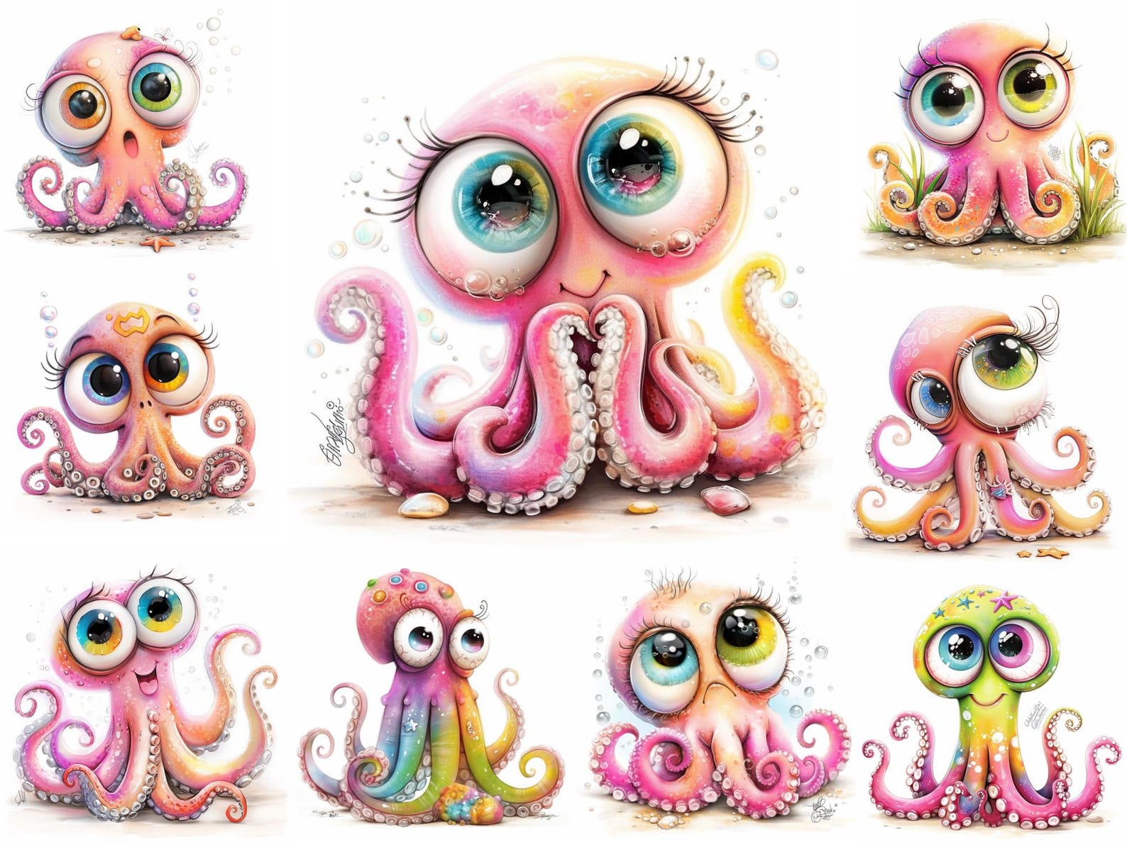 Watercolor Whimsical Quirky Octopus Clipart JPEG Bundle Watercolor ...
