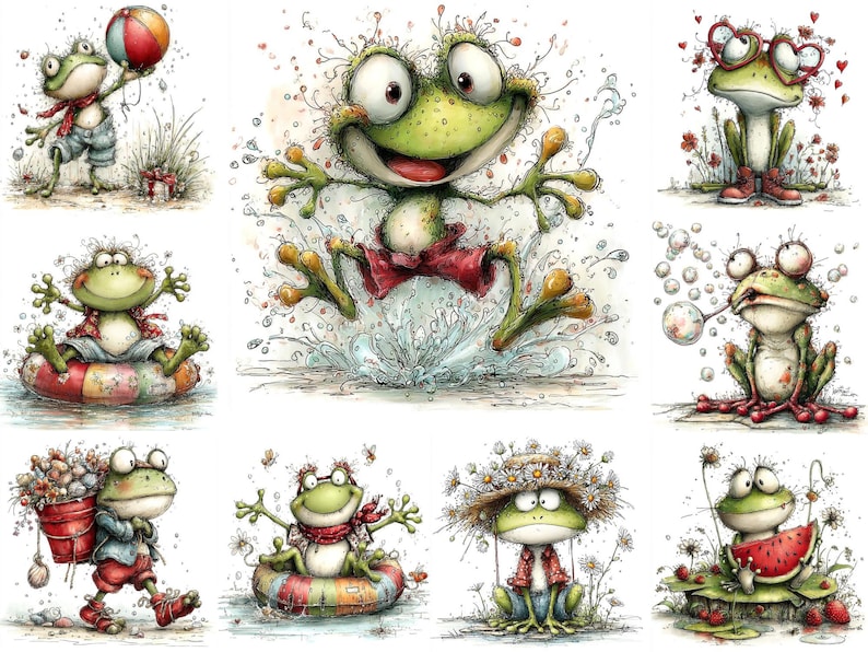 Whimsical Frog Watercolor Clipart Set, Cute Funny Frog PNG Bundle ...