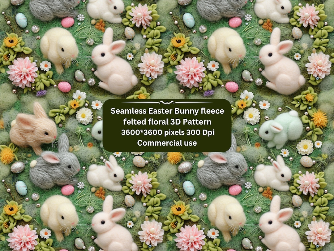 3D Easter Bunnies Felt Seamless Pattern, Easter Faux Embroidery, Fabric ...