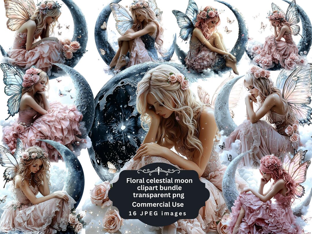 Beautiful Moon Fairy Clipart Bundle , Fantasy Graphics, Etheral Clipart ...