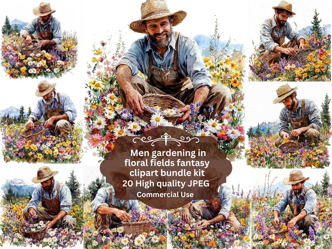 Men Gardening Flower Field Watercolor Clipart, Gardening Clipart, PNG ...