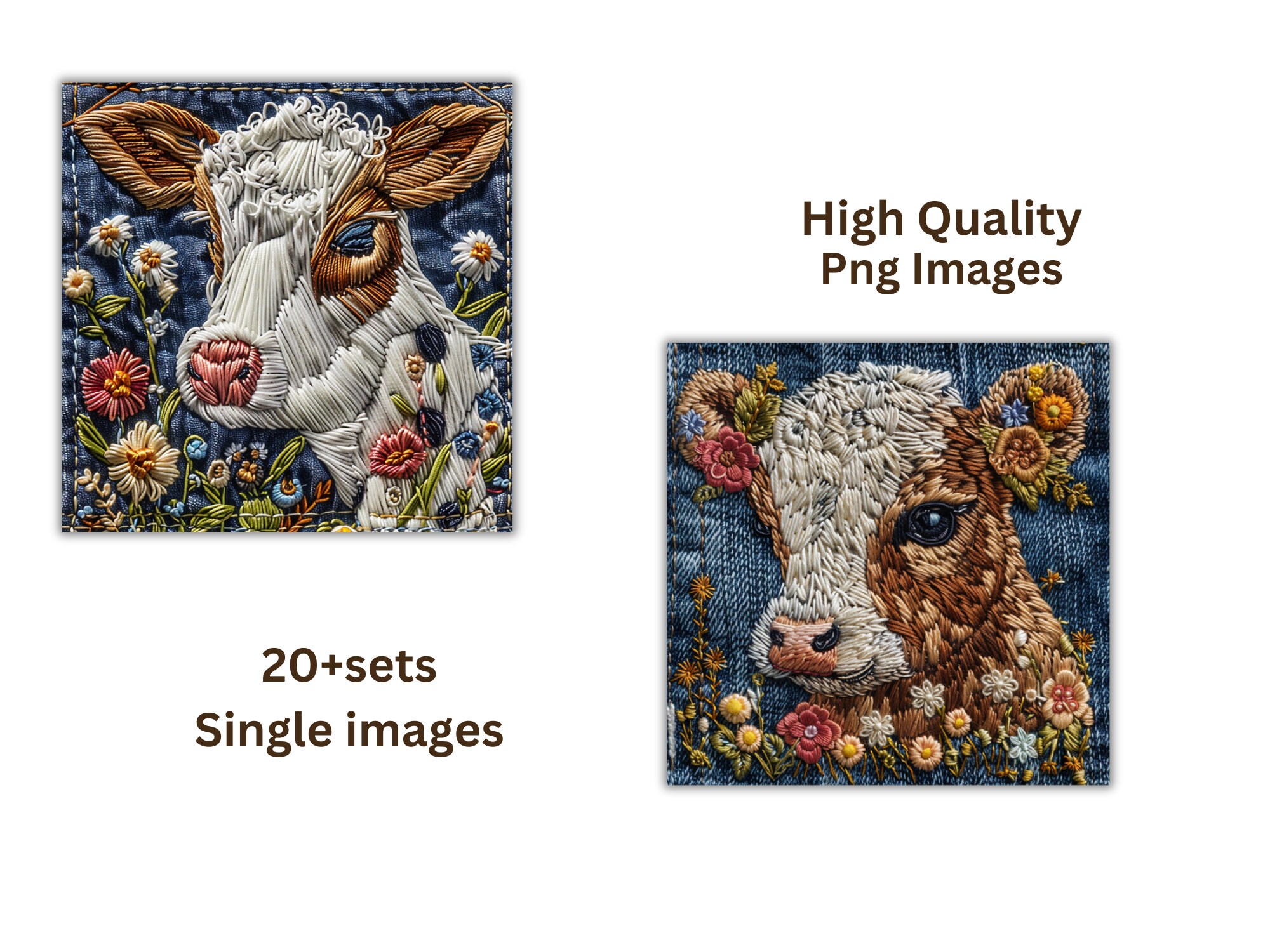 Cute Cow Embroidered Denim Fabric Patterns, Cute Western Highland Cow ...