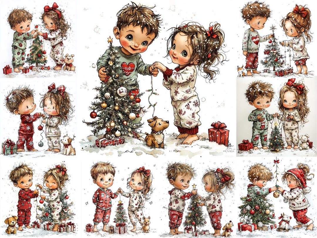 Christmas Kids Decorating Tree Clipart Cute Holiday PNG Illustration ...