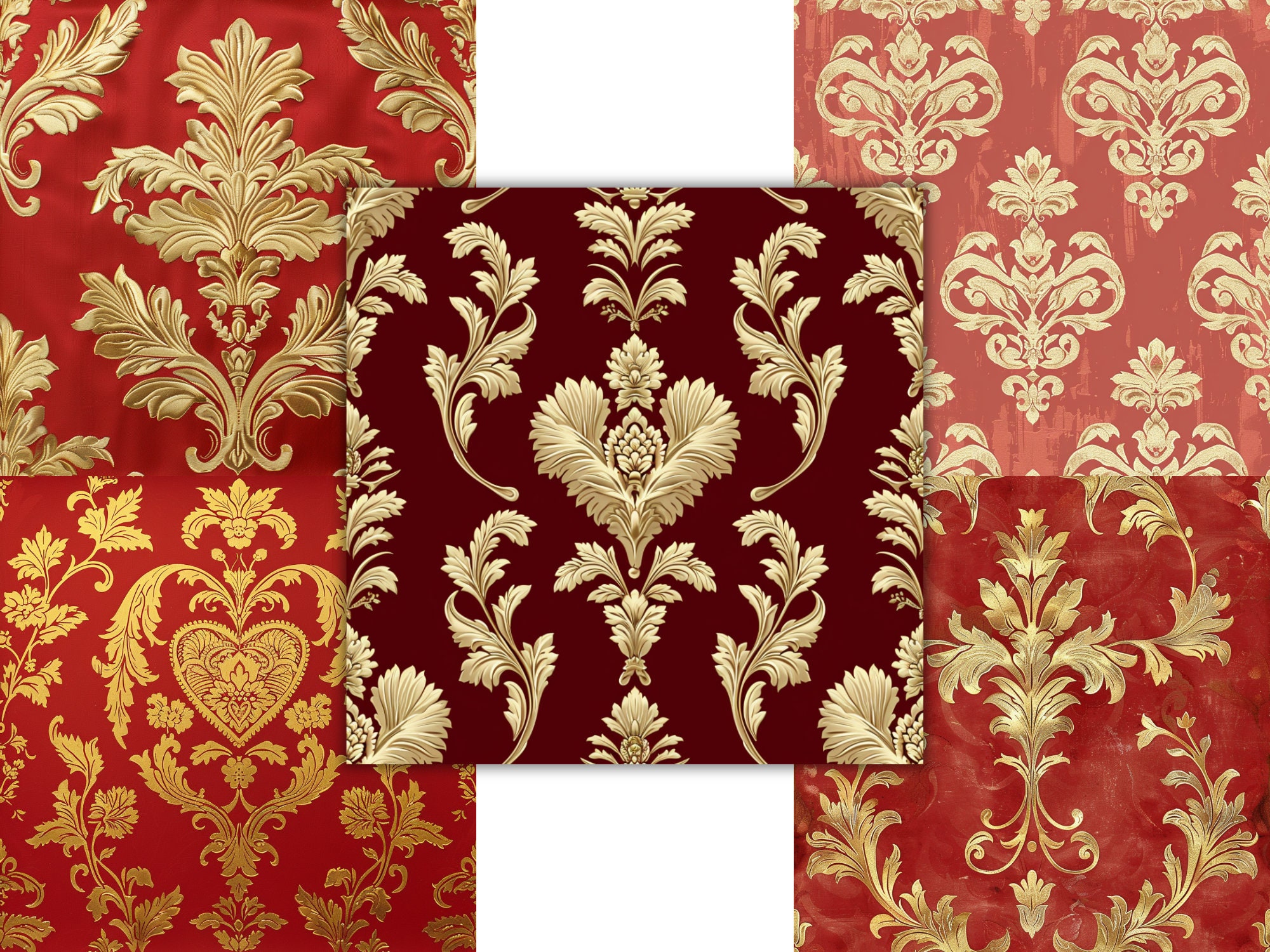 Seamless Rococo Gold & Red Heart Motifs Damask Pattern, Shiny Metallic ...