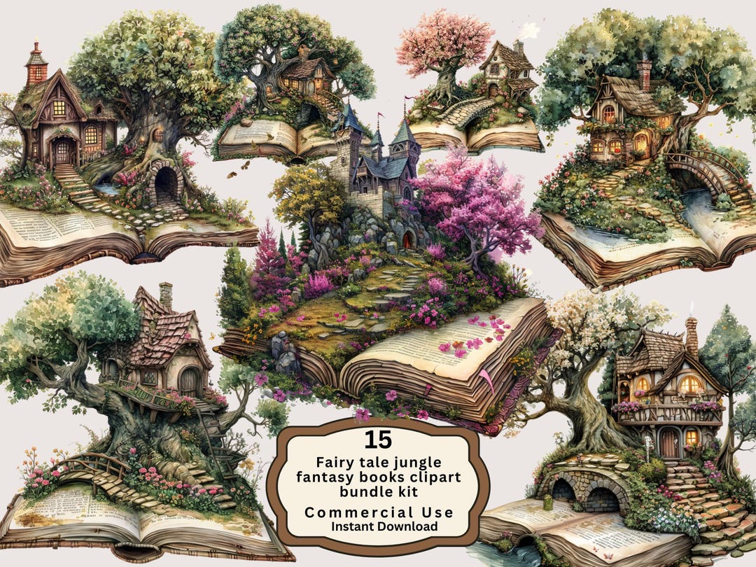 Watercolor Fantasy Forest Books Clipart Bundle, Open Book Clip Art Book ...