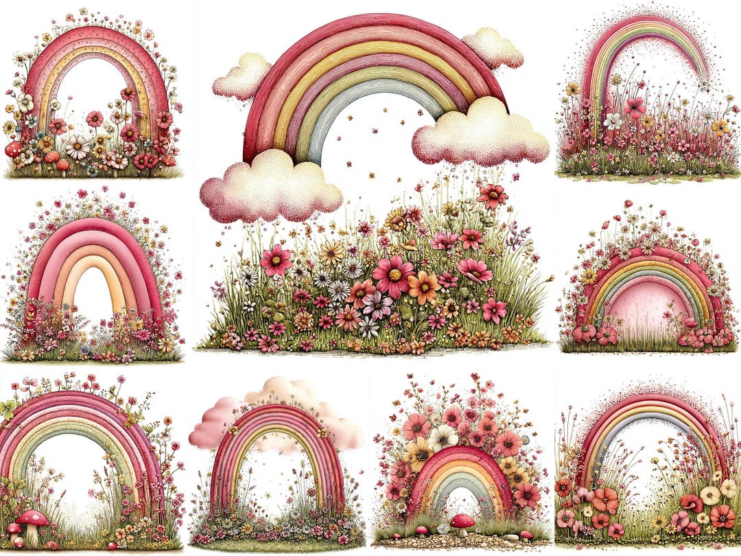 Watercolor Floral Rainbow Clipart 24 JPEG, Boho Pastel Rainbow With ...