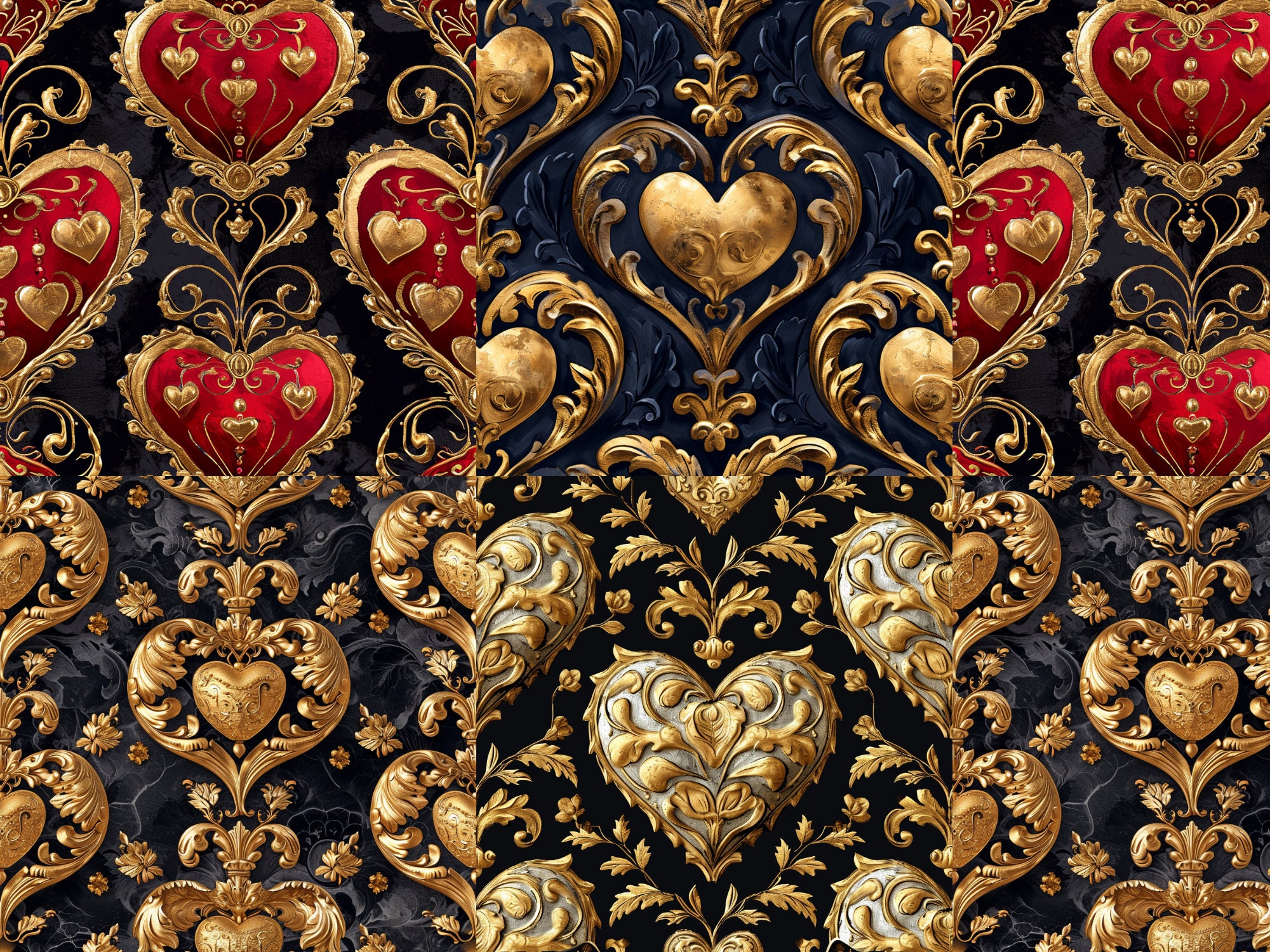 Rococo Red Heart Pattern Wallpaper Digital Paper Seamless JPEG ...